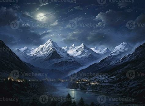 Starry Nightscape With Milky Way Over Mountains And Valley Ai