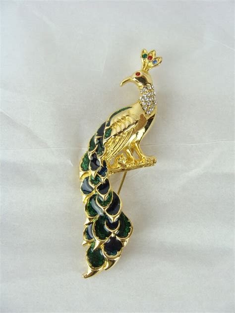 Vintage Peacock Brooch 70s Enamel Rhinestone Gold Ton Gem