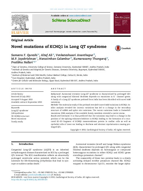 Pdf Novel Mutations Of Kcnq1 In Long Qt Syndrome Altaf Ali
