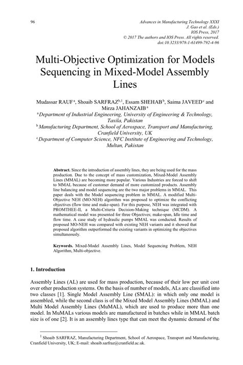 Pdf Multi Objective Optimization For Models Sequencing In Mixed Model
