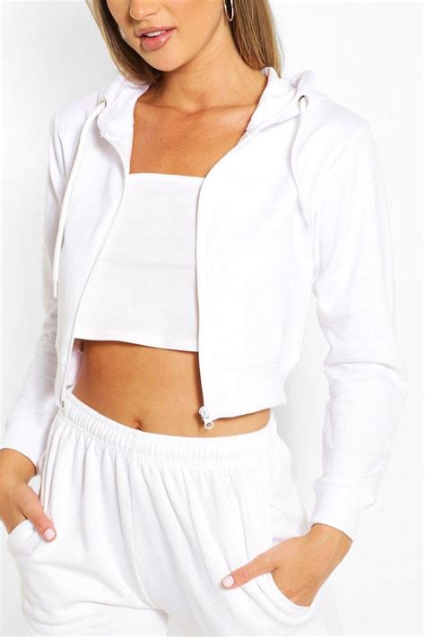 Cropped Zip Through Hoodie Boohoo In 2020 Cropped Hoodie Hoodies White Hoodie