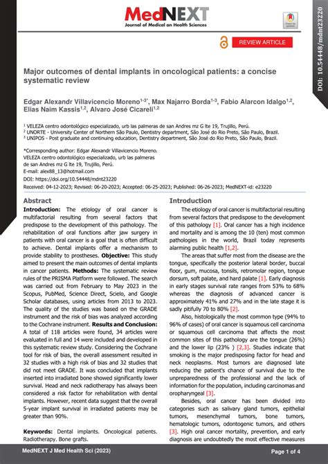 Pdf Major Outcomes Of Dental Implants In Oncological Patients A Concise Systematic Review
