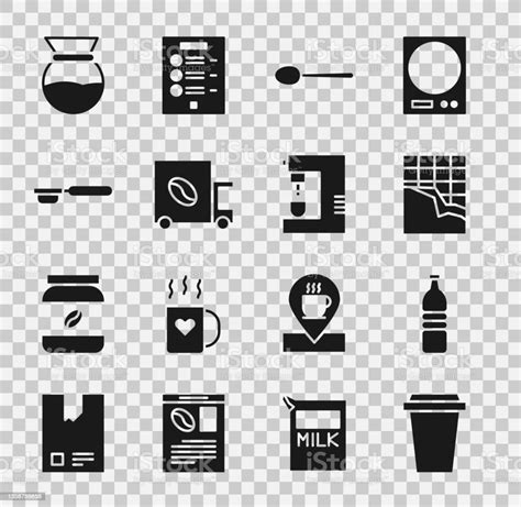 커피 컵을 설정 병 물 초콜릿 바 숟가락 거리 트럭 기계 필터 홀더 커피 메이커와 아이콘을 통해 부어 벡터 가방에 대한 스톡 벡터 아트 및 기타 이미지 Istock