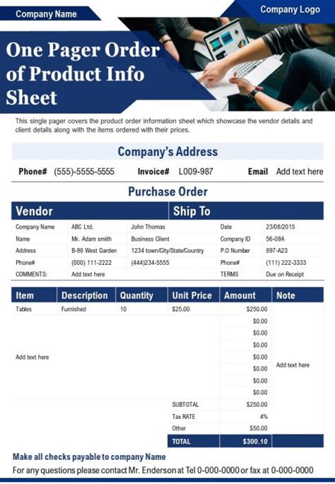 One Pager Order Of Product Info Sheet Presentation Report Infographic