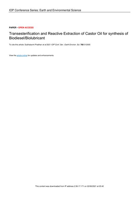 Pdf Transesterification And Reactive Extraction Of Castor Oil For Synthesis Of Biodiesel