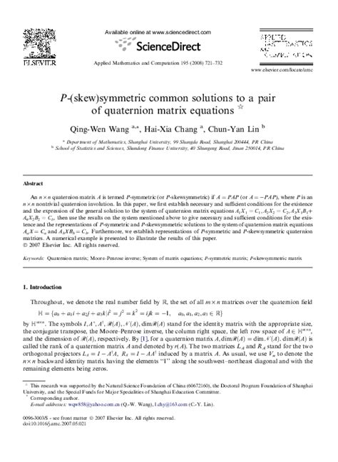 Pdf P Skewsymmetric Common Solutions To A Pair Of Quaternion Matrix