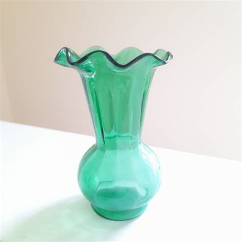 60s Vintage Turquoise Green Ruffle Top Tapered Vase Small Mid Century