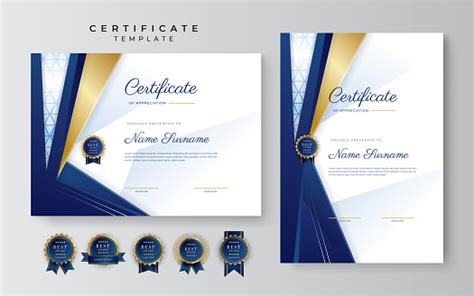 고급 배지와 현대적인 라인 패턴이있는 업적 국경 템플릿의 파란색과 금색 인증서 수상 비즈니스 및 교육 요구 사항 감탄에 대한 스톡 벡터 아트 및 기타 이미지 Istock