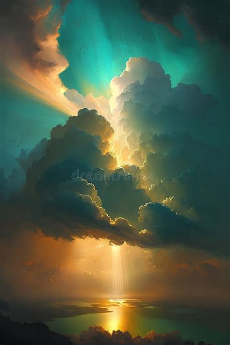 Fantasy Sky With Clouds And Sun 3d Render Illustration Stock