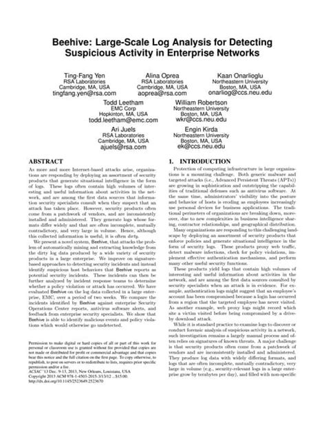 Beehive Large Scale Log Analysis For Detecting Suspicious Activity In Enterprise Networks Pdf