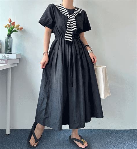 쿨링원단 허리 스트링 바스락 라운드 A라인 하객 여름 롱원피스 3color 에이블리