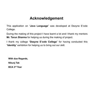 Nikunj Tak Rd Year Bca Project On Java Programming Pdf