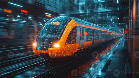 An Advanced Smart Train Is Seen Navigating Through A High Tech Urban