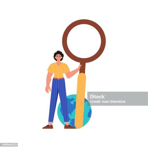 그 남자는 손에 돋보기를 들고 있습니다 트렌디한 스타일 벡터 일러스트레이션 가격에 대한 스톡 벡터 아트 및 기타 이미지 가격