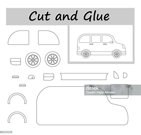 Diy 워크시트 색상 이미지의 일부를 잘라내어 종이에 붙입니다 마이크로버스의 벡터 그림입니다 6 7 살에 대한 스톡 벡터 아트