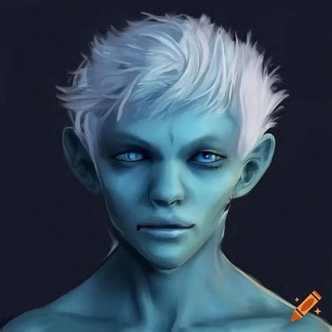 Blue Skinned Humanoid Alien Man With Pointed Ears And Short Wavy White