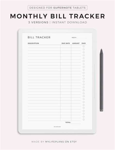Monthly Bill Tracker For Supernote A5x2 A5x A5 A6x2 A6x A6 Bill Payment Checklist Bill