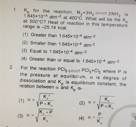 For The Reaction PCl5 PCl3 Cl2 Where P Is The Pressure At Equilibrium