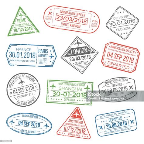 비자 여행 봉인 여권 징후 또는 프레임 나라와 공항 우표 빈티지 국제 공항 우표와 소인 서식 파일 벡터 세트 0명에 대한 스톡 벡터 아트 및 기타 이미지 Istock