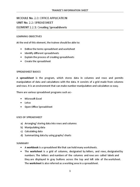 Module No 20 Office Application Unit No 22 Spreadsheet Element 221 Creating