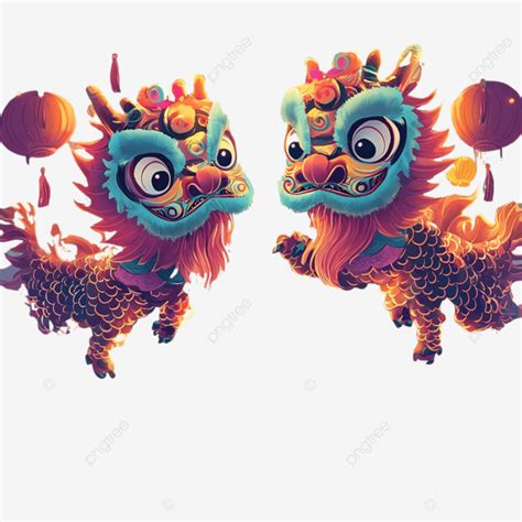 充滿活力的卡通風格插圖 兩條可愛的龍在天空中表演傳統的舞獅 周圍是五彩繽紛的燈籠和熙熙攘攘的人群在滿月下慶祝 重點是龍的臉 並用廣角鏡頭拍攝