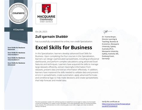 completed excel specialization at macquarie university zullqarnain