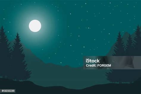 파노라마 밤의 평면 그림을 벡터 달 하늘 및 텍스트 위한 공간을 가진 별에서 나무와 함께 산 풍경 나무에 대한 스톡 벡터 아트 및 기타 이미지 Istock