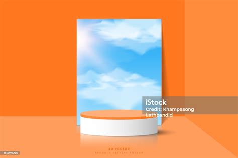 3d 화이트 오렌지 연단 디스플레이 구름 하늘 태양이 있는 쇼케이스를 위한 실린더 받침대 또는 무대는 모서리 근처의 벽에 기대어