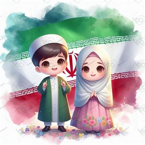 خرید و قیمت بک گراند کودکانه دختر ناز با حجاب و پسر کوچولوی ایرانی با پس زمینه پرچم ایران کد