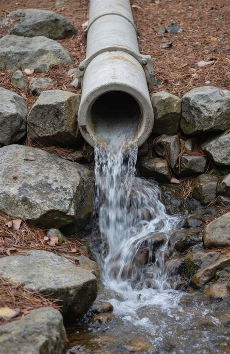 Water Flows From Concrete Drainage Pipe Among Rocks Runoff Stream Goes