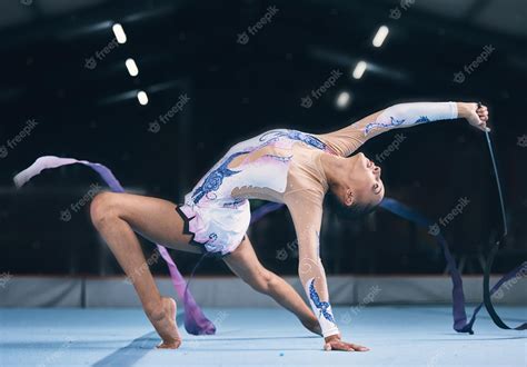 Premium Photo Ribbon Gymnastics And Flexible Woman Stretching In