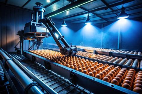 Automated Egg Sorting System On A Modern Poultry Farm Robotic Arm Silhouetted Against Dark