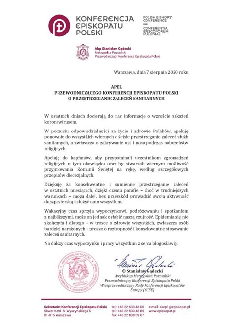 Apel o przestrzeganie zaleceń sanitarnych Parafia