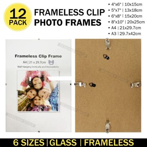12pk Glass Frameless Clip Photo Frames Borderless Frames A3 A4 4x6 5x7