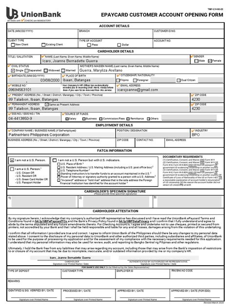 Epaycard Customer Account Opening Form Bustamante Argee L Pdf Banks Citizenship