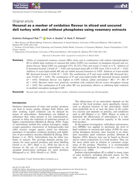 Pdf Hexanal As A Marker Of Oxidation Flavour In Sliced And Uncured