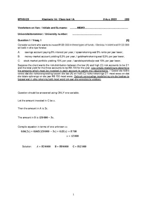 Mths123 2023 Klastoets Class Test 1a Memo F 1 Mths123 Klastoets 1a