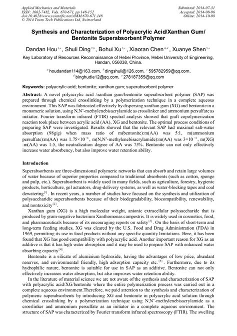 Synthesis And Characterization Of Polyacrylic Acidxanthan Gumbentonite Superabsorbent Polymer