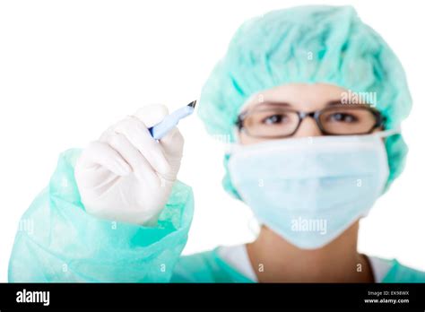 Woman Doctor Or Nurse Holding Scalpel Stock Photo Alamy