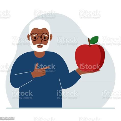 한 노인이 신선하고 붉은 사과를 손에 쥐고 있습니다 남자는 사과를 먹는다 건강 식품 개념 과일에 대한 스톡 벡터 아트 및 기타