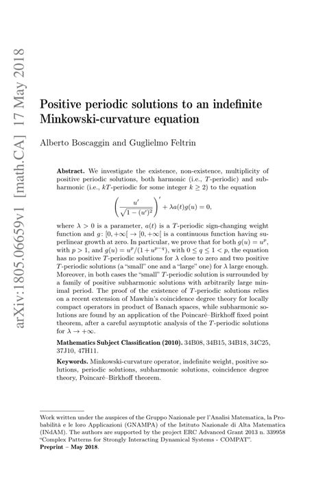 PDF Positive Periodic Solutions To An Indefinite Minkowski Curvature