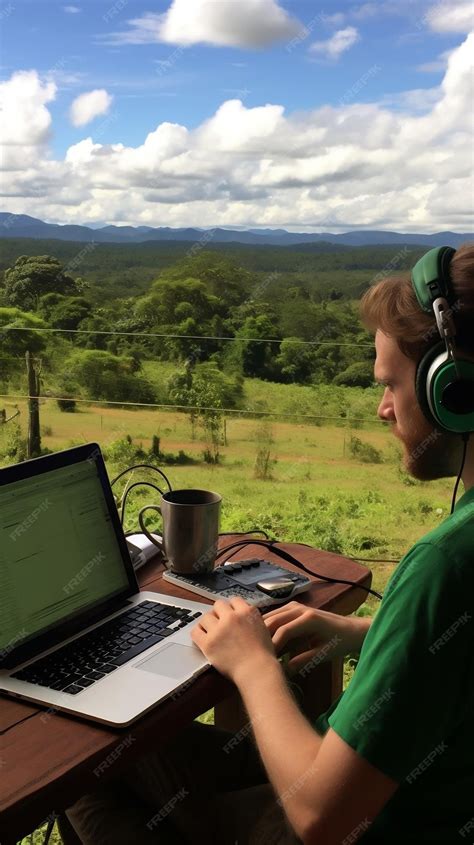 Premium Ai Image Audio Engineer Working In Front Of A Window With A Beautiful Landscape In The