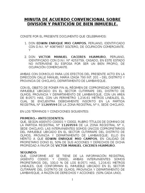 Minuta De Division Y Particion Condominio Virtud