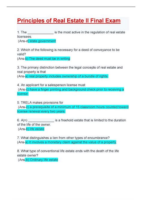 Principles Of Real Estate Ii Final Exam Questions And Answers Updated