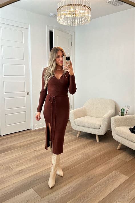 Long Sleeve Wrap Midi Sweater Dress Curated On Ltk Body Con Dress Outfit Winter Brown Sweater