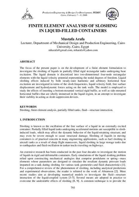 Pdf Finite Element Analysis Of Sloshing In Liquid Filled Containers
