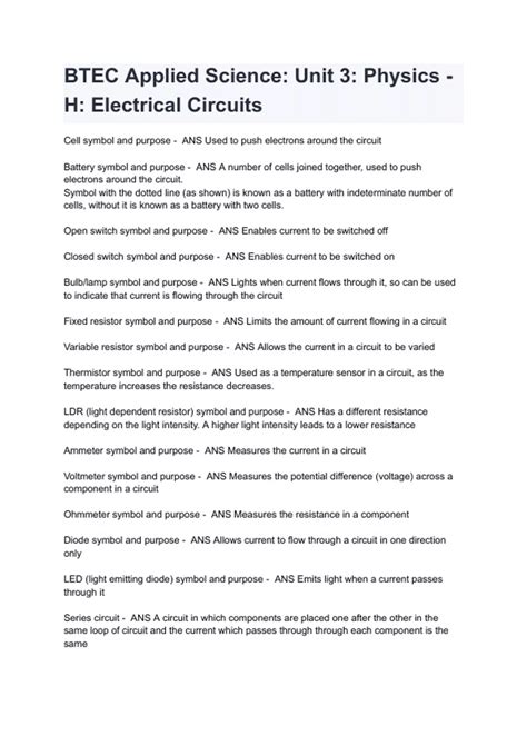 Btec Applied Science Unit 3 Physics H Electrical Circuits Questions With Correct Answers A