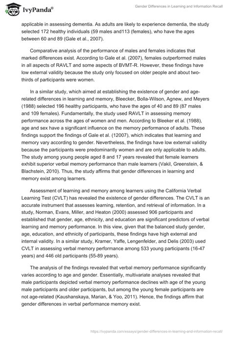 Gender Differences In Learning And Information Recall 2834 Words Report Example