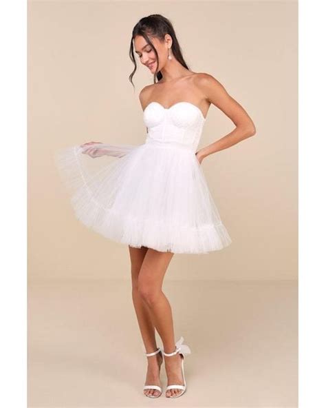 Lulus Lovely Flirtation Tulle Strapless Bustier Mini Dress In Natural
