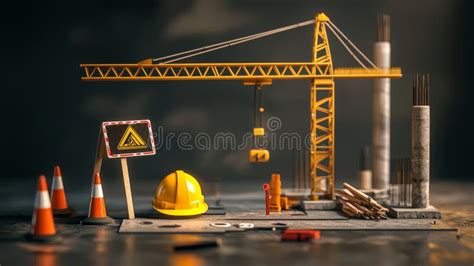 Construction Tools And Equipment Including A Yellow Tower Crane Under